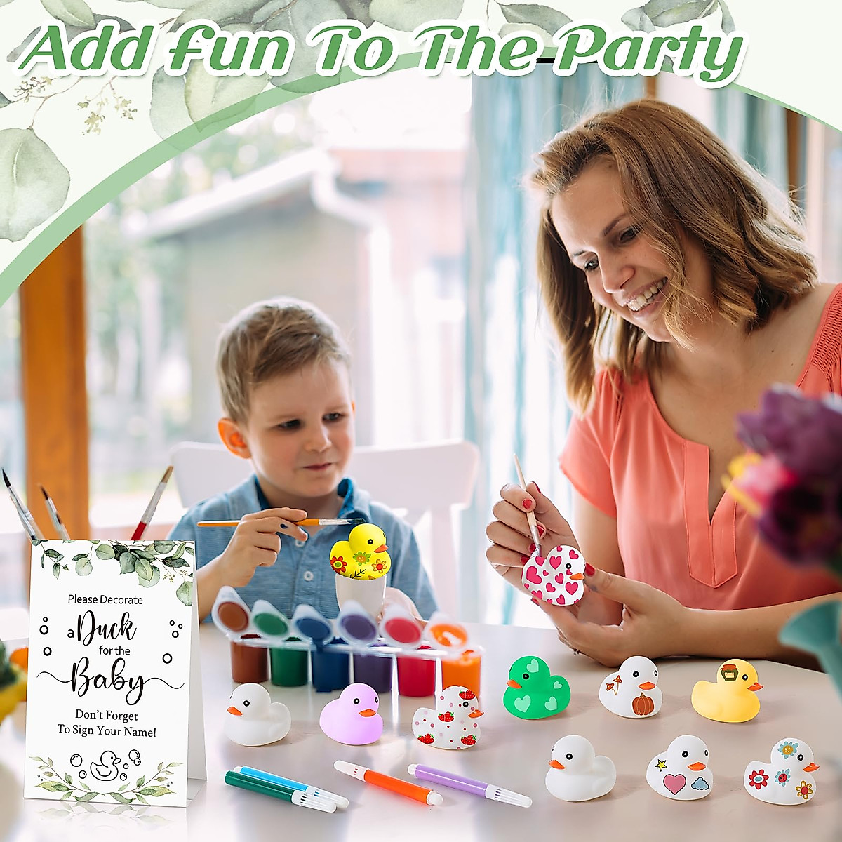 Seenelling 45 Pcs Baby Shower Decorate Ducks Game Set Includes Baby Shower Game Sign 32 DIY Blank Rubber Ducks 12 Paint Marker White Blank Rubber Duck Prize for Baby Shower Gender Revel Game(Leaves)