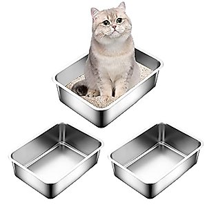 3 Pack Stainless Steel Cat Litter Box, Rust Proof Large Metal Cat Box with High Sides Nonstick Litter Pan Safe and Hard for Kitten and Bunny, Easy to Clean (15.7 x 11.8 x 5.9 Inches)