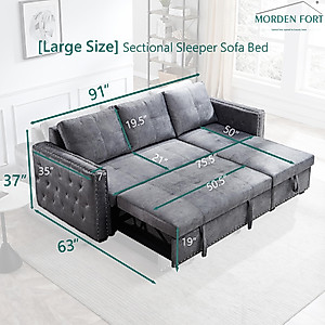 Morden Fort Sectional Sleeper Sofa with Pull Out Bed Storage, Queen Size 91 inches Sofa Bed, L-Shape Sectional Couch with Comfy Chaise Seat Sectional Sleeper Couch for Living Room, Velvet Grey