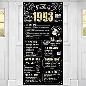 30th Birthday Decorations Back in 1993 Door Banner for Men Women, Black Gold Happy 30 Birthday Door Cover Backdrop Party Supplies, Thirty 1993 Bday Photo Background Sign Decor for Outdoor Indoor