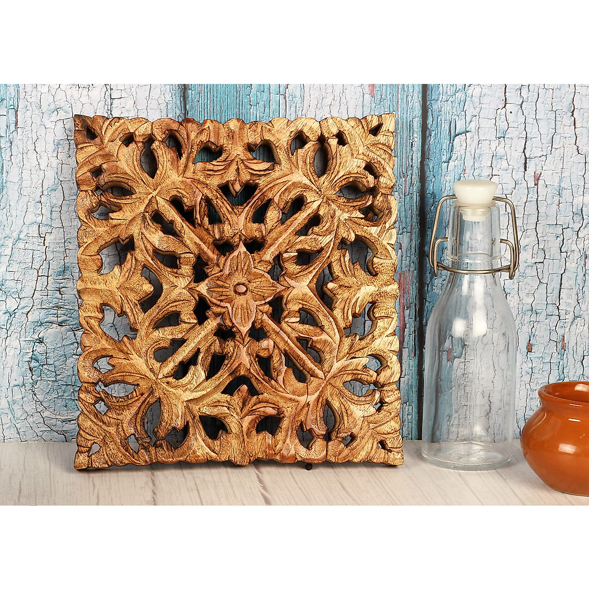 Wooden Set of 2 Square Trivet for Hot Dishes Plates & Pots Holder Hot Pad for Kitchen & Dining Table Décor Cookware Heat Resistant Rustic Decorative Carvings 8 Inches