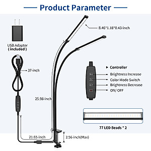 iZELL 154 LED Dimmable Desk Lamp - 【3 Colour Temperatures & 10 Brightness Levels】 2X 70cm Flexible Gooseneck with Swivel Clamp, Easy Clip on Reading Light, Led Table Lamp, Work Lamp for Home/Office