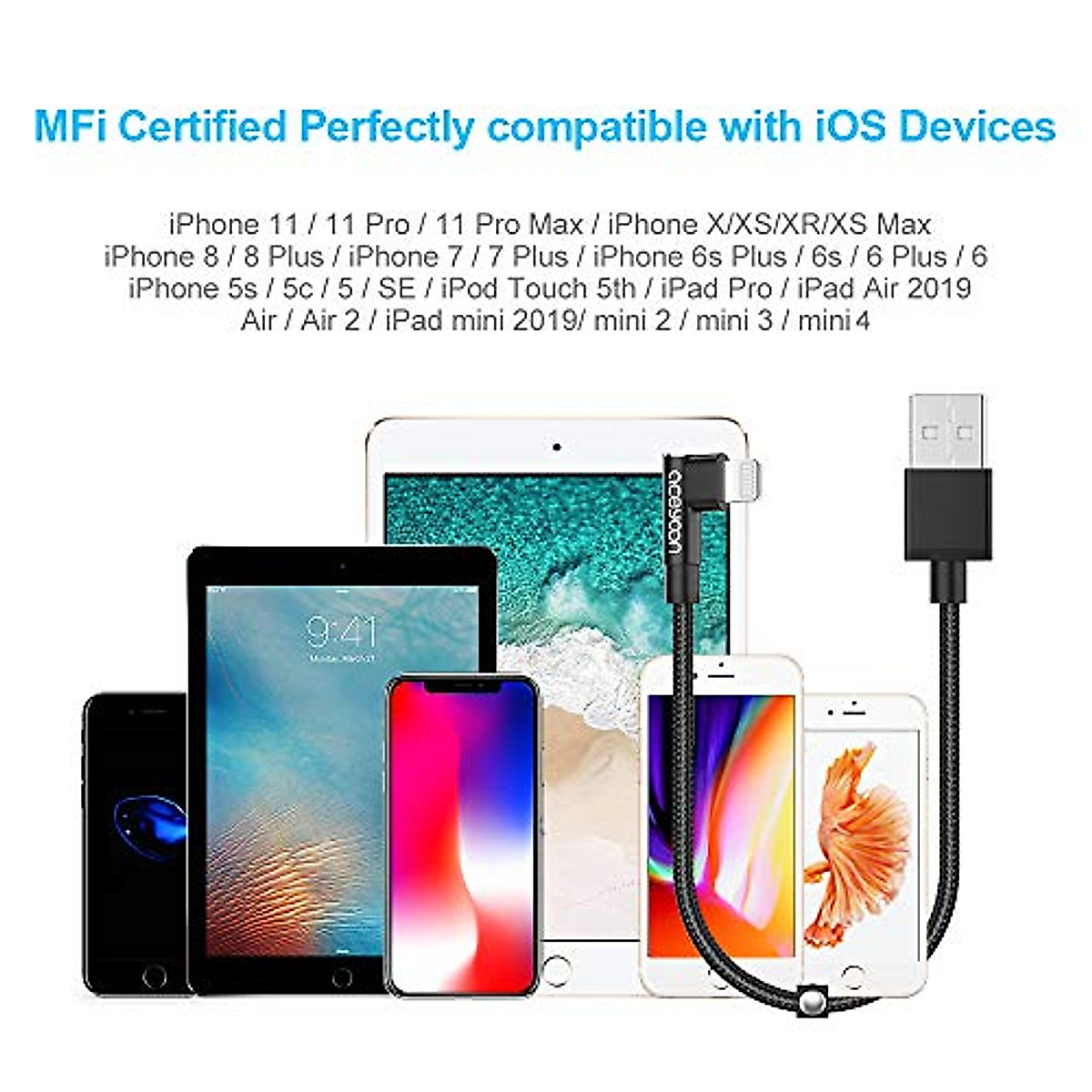 aceyoon 2 Pack 1ft Lightning Cable Right Angle, MFi Certified iPhone Charger Cable, Braided Lightening Charger Cables and Data Sync for iPhone 14/13/12/11, XS Max/XR/XS/X, 8/7/6, iPad