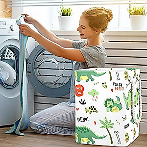 DEYYA Waterproof Laundry Baskets Tall Sturdy Foldable Green Dinosaurs Words Pattern Print Hamper for Adult Kids Teen Boys Girls in Bedrooms Bathroom