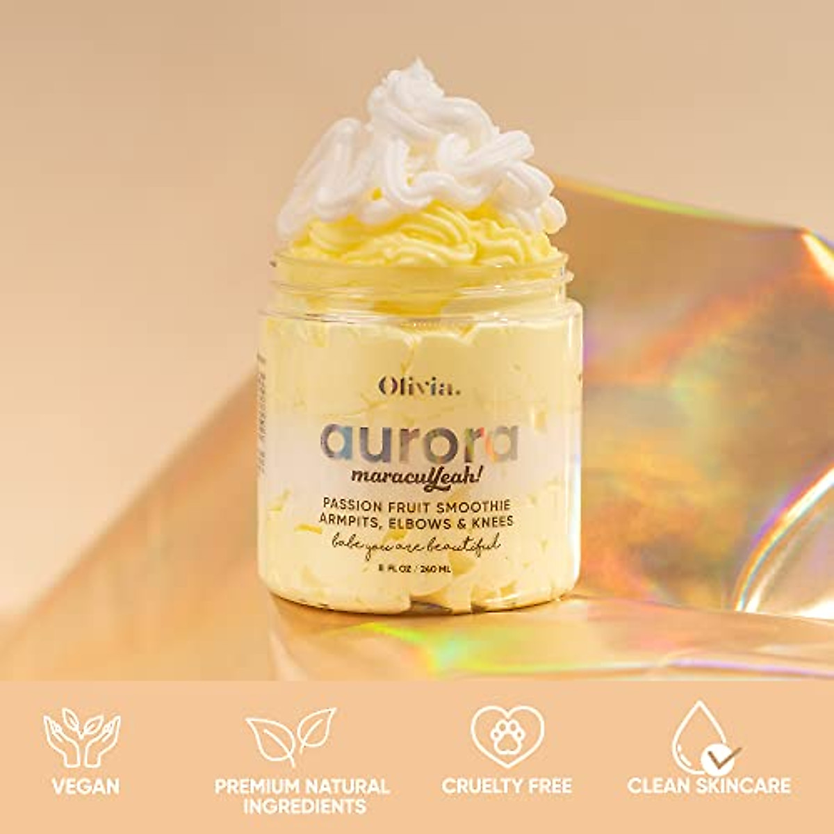 OLIVIA Aurora Armpits, Elbows & Knees Brightening Nourishing Smoothie - Handcrafted Passion Fruit Underarm, Neck, Armpit, Knees, Elbows, Private Areas, Intimate Areas Smoothing Moisturizer for Dry Skin, Dark Spots, and Pigmentation. Moisturize, Smoothen &