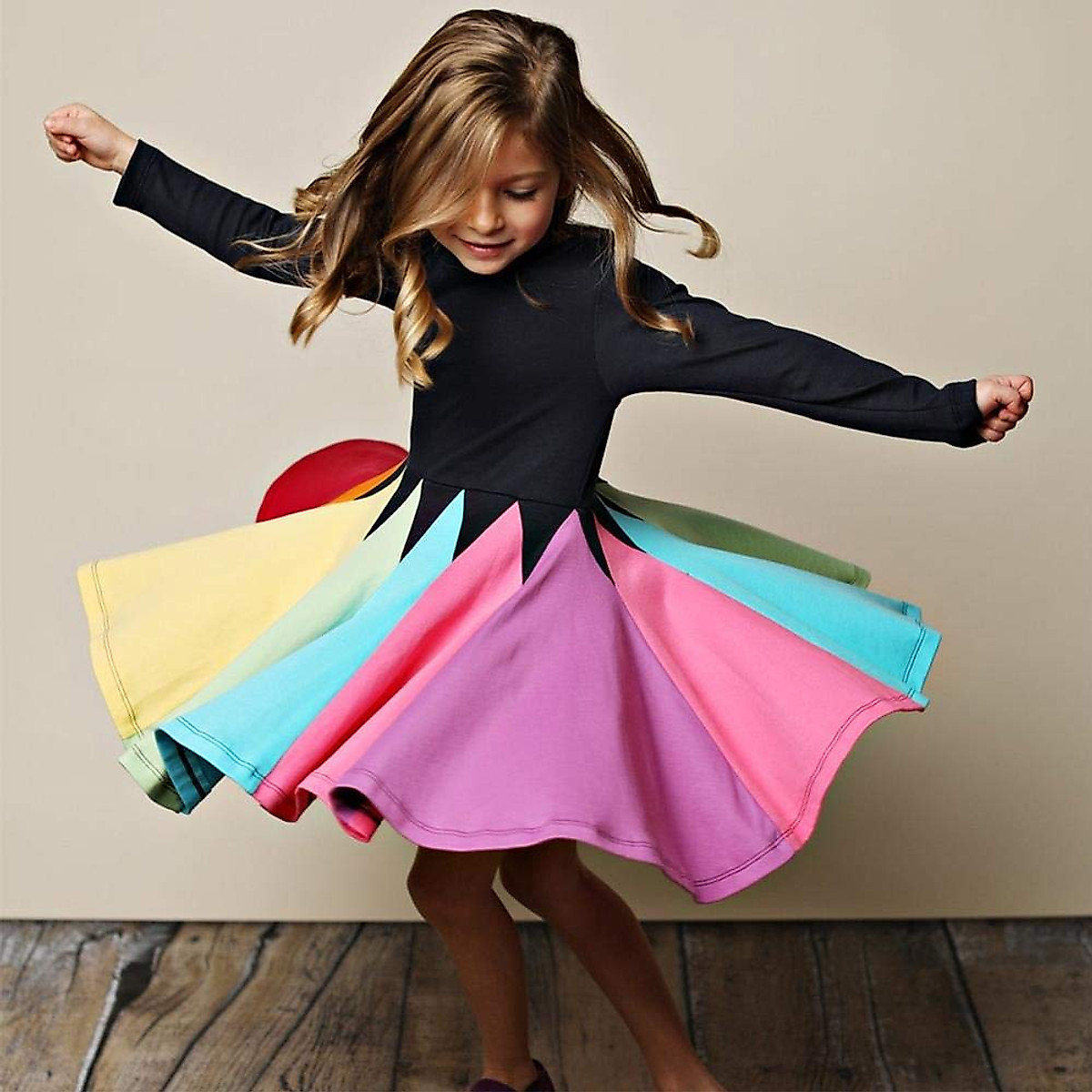 Toddler Baby Girls Rainbow Ruffle Strap Tutu Dress Casual Cotton Twirly Skater Skirt Kids Princess Birthday Outfits Summer Sundress Clothes Pageant Party A Line Dresses Black (Long Sleeve) 4-5T