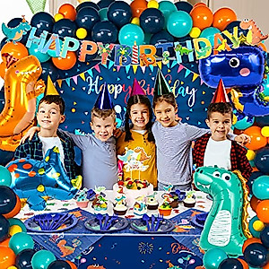 HJINGY 265 PCS Dinosaur Party Decorations, Blue Dinosaur Birthday Party Supplies for Boys Include Dinosaur Balloons, Customized Backdrop, Happy Birthday Banner, Tablecloth, Plates, Cake Toppers