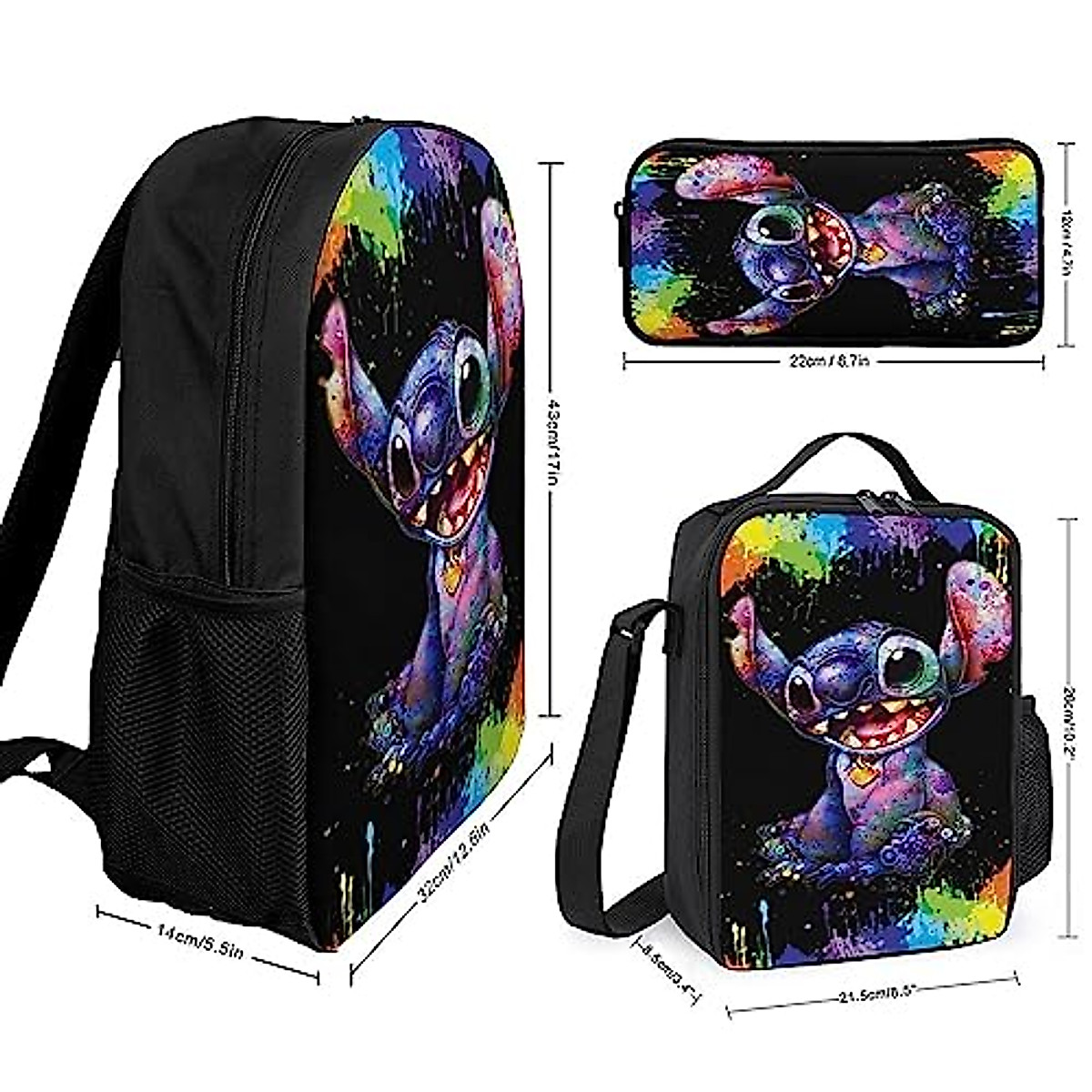 Stitch 3PCS Backpack Casual Bags with Insulated Lunch Bag Tote And Pencil Case Box Pouch for Teen Boys Girls