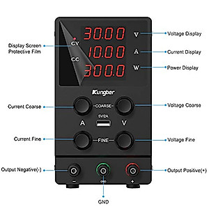 Kungber DC Power Supply Variable, 30V 10A Adjustable Switching Regulated DC Bench Linear Power Supply with 4-Digits LED Power Display 5V/2A USB Output, Coarse and Fine Adjustments with Alligator Leads