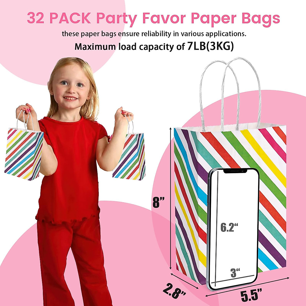 Shindel 32PCS Rainbow Gift Bags, Colorful Paper Bags Goodie Bags with Handles, 5.5"x2.8"x8" Party Favor Bags for Graduations, Baby Showers, Birthdays and Party Supplies