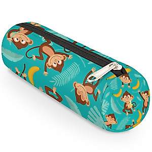Cute Monkey Canvas Pencil Case Bag, Monkey Banana Cylinder Zippe Pencil Case Storage Pouch Simple Stationery Bag for Middle High School Office College Student