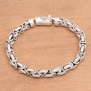NOVICA Artisan Handmade Sterling Silver Chain Bracelet from Bali No Stone Indonesia [8.5 in L x 0.3 in W Fits Wrist Size 7.5 in L] ' Valiant Spirit'