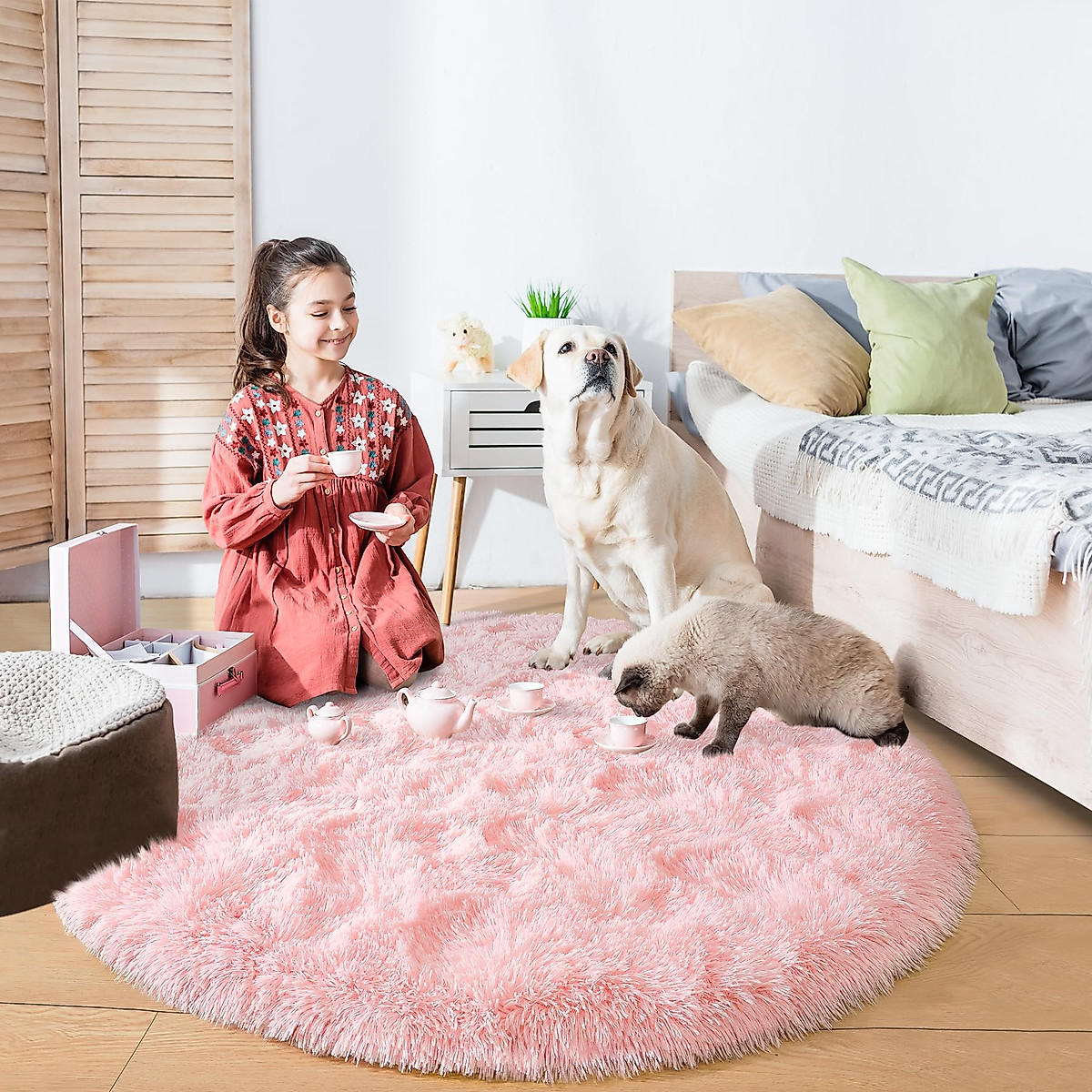 Noahas Fluffy Round Rug 4Ft,Pink Rugs for Bedroom Girls,Fuzzy Rug for Kids Room,Shaggy Bedroom Carpet,Circle Shag Area Rug,Soft Nursery Rug,Room Decor Aesthetic