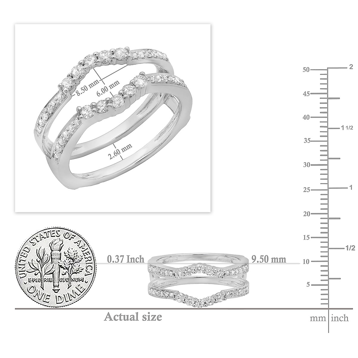 Dazzlingrock Collection 0.50 Carat (ctw) Round White Diamond Chevron Enhancer Guard Double Ring for Her in 10K White Gold Size 7