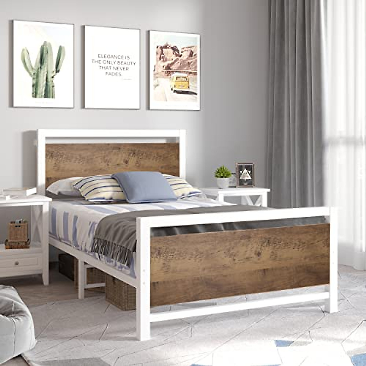 Catrimown Twin Bed Frames with Headboard, Twin Platform Bed Frame with Strong Slat Support, Twin Bed Frames for Kids, Under Bed Storage, Twin Bed Frame No Box Spring Needed, White