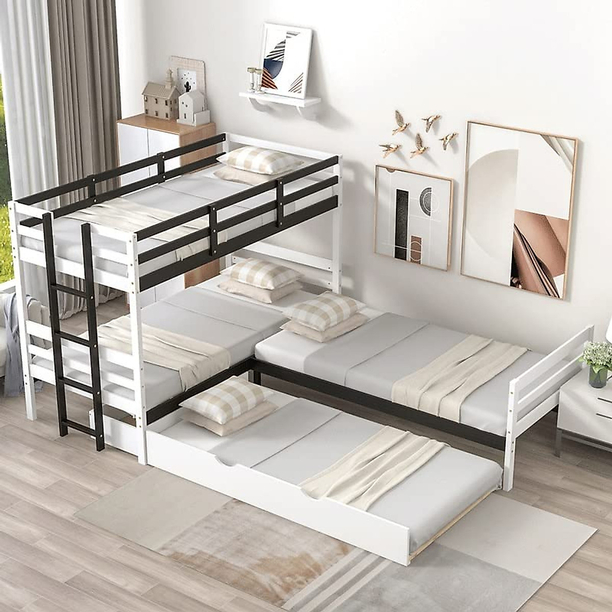 n/a Twin Size L-Shaped Bunk Bed and Platform Bed with Trundle and Drawer,White