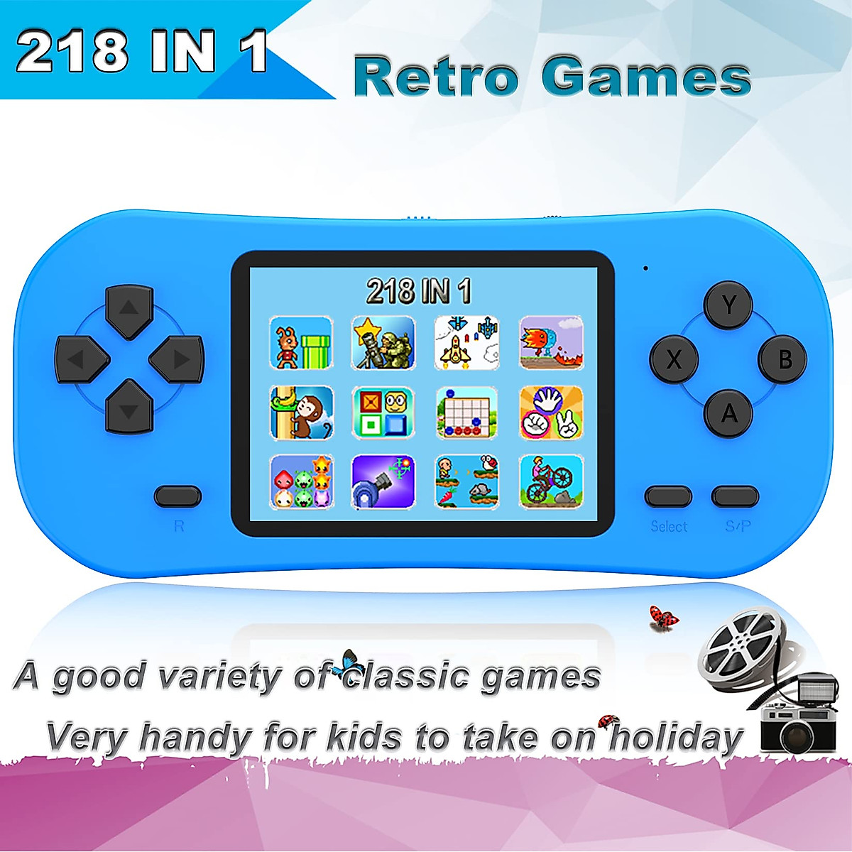 Beijue Retro Handheld Games for Kids Built in 218 Classic Old Style Electronic Game 2.5'' Screen 3.5MM Earphone Jack USB Rechargeable Portable Video Player Children Travel Holiday Entertain (Blue)
