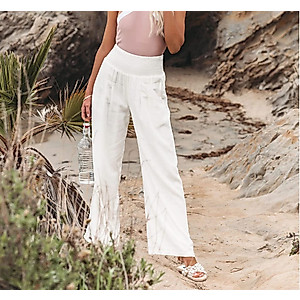 Women Cotton Linen Pants Elastic High Waisted Palazzo Lounge Pants Loose Beach Trousers with Pockets (White, XL)