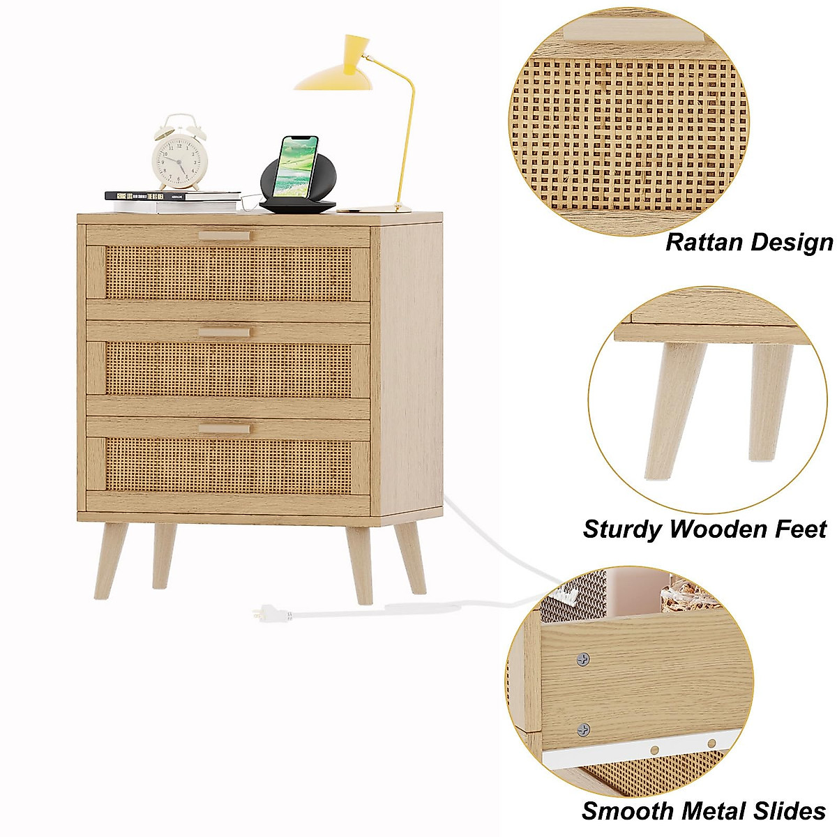 Rovaurx Rattan Nightstand with Charging Station, Night Stand with 3 Drawers, 23.6" W Bedside End Table for Bedroom, Side Table with Solid Wood Legs, Boho Style, Natural RCTG110ME