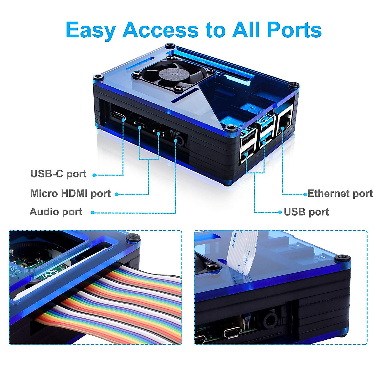 Miuzei Raspberry Pi 4 Case with Fan Cooling , 4 Pcs Aluminum Heat Sinks , Case for Raspberry Pi 4 Model B -Black/Blue (Pi 4 Board Not Included)