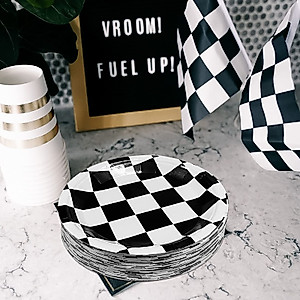 CIEOVO 50 Count Disposable Black and White Checkered Party Plates Racing Car Party Dinner Dessert Plates for Racing Race Sports Theme Birthday Baby Shower Party Supplies