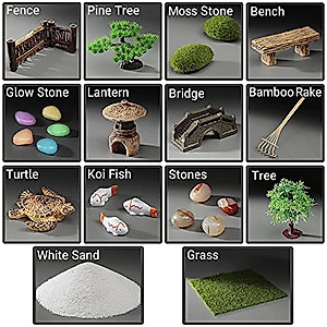COCORO DIY Desktop Zen Garden for Desk and Office Accessories Includes Zen Garden Sand, Rocks, Rake, Moss Stones, Fishes, Lantern, Bridge, Bench, Baby Pine Tree, Pine Tree, and Turtle