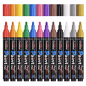 Paint Marker Pens - 12 Colors Permanent Acrylic Markers, Medium Tip, Water Based, Quick Dry, Waterproof Paint Pen Set for Rock, Wood, Plastic, Metal, Canvas, Glass, Fabric, Mug, Stone