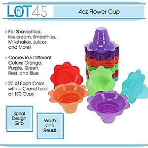 Lot45 Snow Cone Bowls - Reusable Colorful Plastic 100pc Shaved Ice Flower Cups - Holds 4oz of Desserts and Snacks