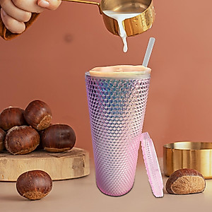 Studded Tumbler With Straw Tumblers With Lids And Straws Pink Tumbler With Straw Textured Cup BPA-Free Double-Wall Plastic Tumblers for Iced Coffee Cold Drinks or Water 24 Oz