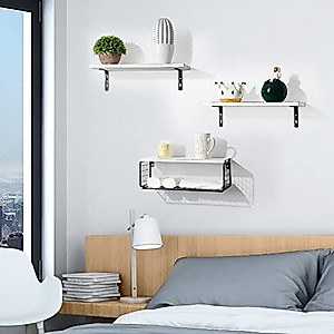 Floating Shelf ,Floating Shelves Wall Mounted Set of 3 ,Solid Wood Floating Shelves with Brackets and Basket Set,Rustic Wood Wall Shelves for Kitchen Living Room,Bedroom Shelves,Bathroom Shelf (White)