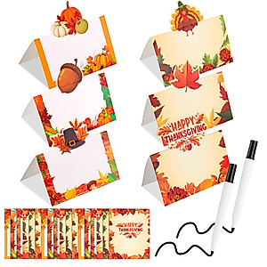 36 Pcs Thanksgiving Place Cards Pumpkin Fall Leaves Name Place Cards and 2 Pcs Permanent Markers Black Markers Name Tents Thankful Greeting Cards for Thanksgiving Harvest Party Bridal Shower Birthday