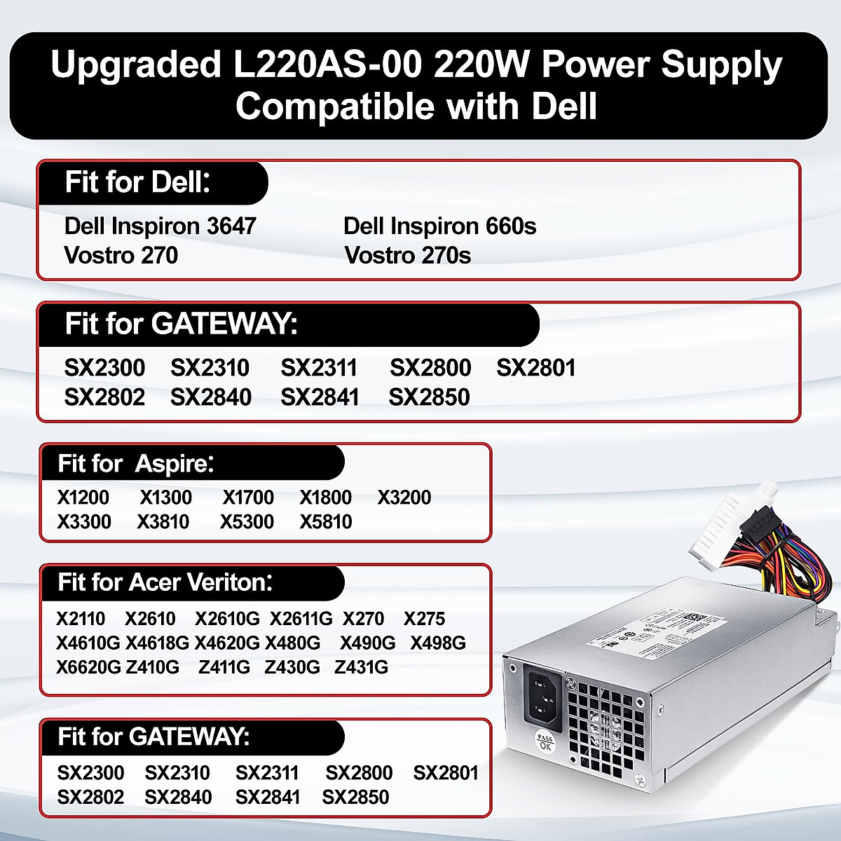 LXun L220AS-00 220W Power Supply Compatible with Dell Inspiron 3647 660s Acer X1420 X3400 eMachines Gateway Series Delta DPS-220UB A Liteon PS-5221-03DF H220AS-00 L220NS-00 650WP P3JW1 R82HS D220ES-01