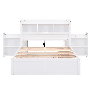 Full Storage Bed Frame with Twin Size Trundle,Bookcase Headboard and Charging Station,Wood Full Size Platform Bed with Pull Out Shelves and Drawers for Kids,Teens,Adults,Noise Free,White
