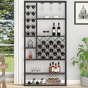 Launica Industrial Wine Rack Freestanding Floor, Farmhouse Tall Coffee Bar Cabinet with Storage, Wood Metal Stackable Bakers Rack, Modern Buffet Cabinet for Home Kitchen Dining Room, Light Grey Oak