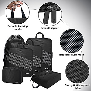 Compression Packing Cubes for Suitcases, 6 Set Large Travel Luggage Organizer Bags with Drawstring Laundry Bag, Toiletry Bag & Shoe Bag for Travel Essentials (black)