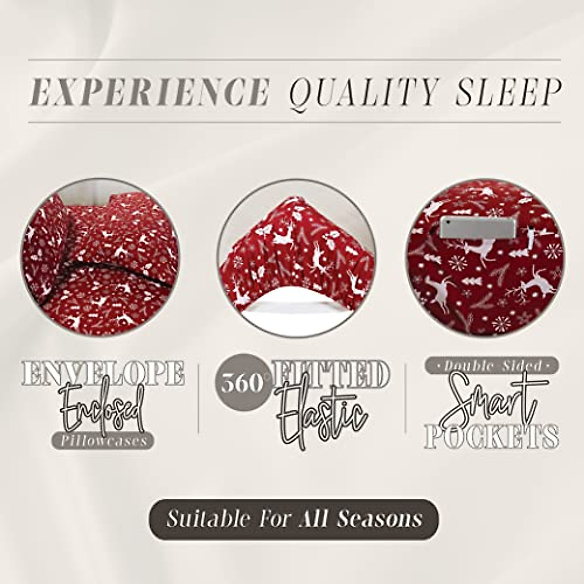 Elegant Comfort Holiday Printed 6-Piece Sheet Set, 1500 Thread Count, Breathable and Super Soft Material, Wrinkle Resistant, Fitted Sheets with Smart Pockets, 6PC King, Burgundy Reindeer