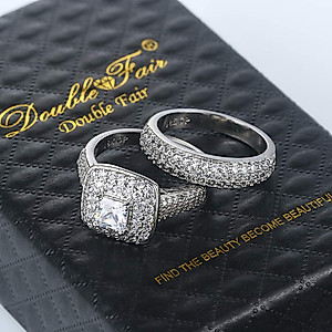 Double Fair 2 Piece Wedding Ring for Women 1 Carat Princess Cut Cubic Zirconia Engagement Promise Bridal silver Band Fashion Cute White Gold Plated Ring Set Gift Jewelry