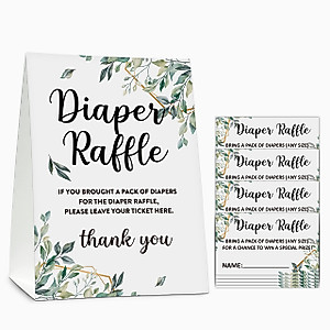 Gihyan Diaper Raffle Baby Shower Game Set(1 Standing Sign + 50 Guessing Cards), Greenery Diaper Raffle Tickets for Baby Shower, Gold Foil Baby Shower Party Favor Decor - A04
