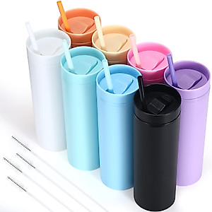 Skinny Tumblers Cups Set Matte Pastel Colored Acrylic Tumblers with Lids Straw and Straw Cleaner DIY Vinyl Gifts Reusable Cup for Cold Hot Drinks Tumblers Bulk, 16 oz (Lid with Slider)