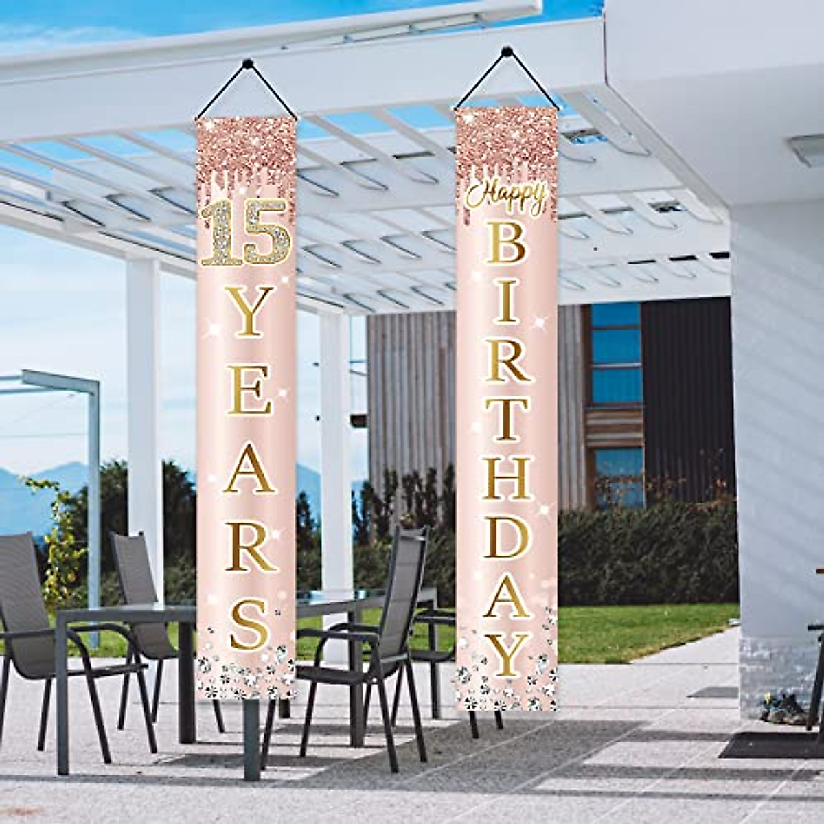15th Birthday Door Banner Decorations for Girls, Pink Rose Gold Happy 15 Birthday Door Porch Backdrop Party Supplies, Fifteen Year Old Birthday Sign Decor