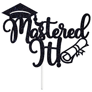 Mastered it Cake Topper, Happy Master's Degree/You Did It, Congrats Grad Graduate, Master Graduation Party Decorations Supplies, Black Glitter