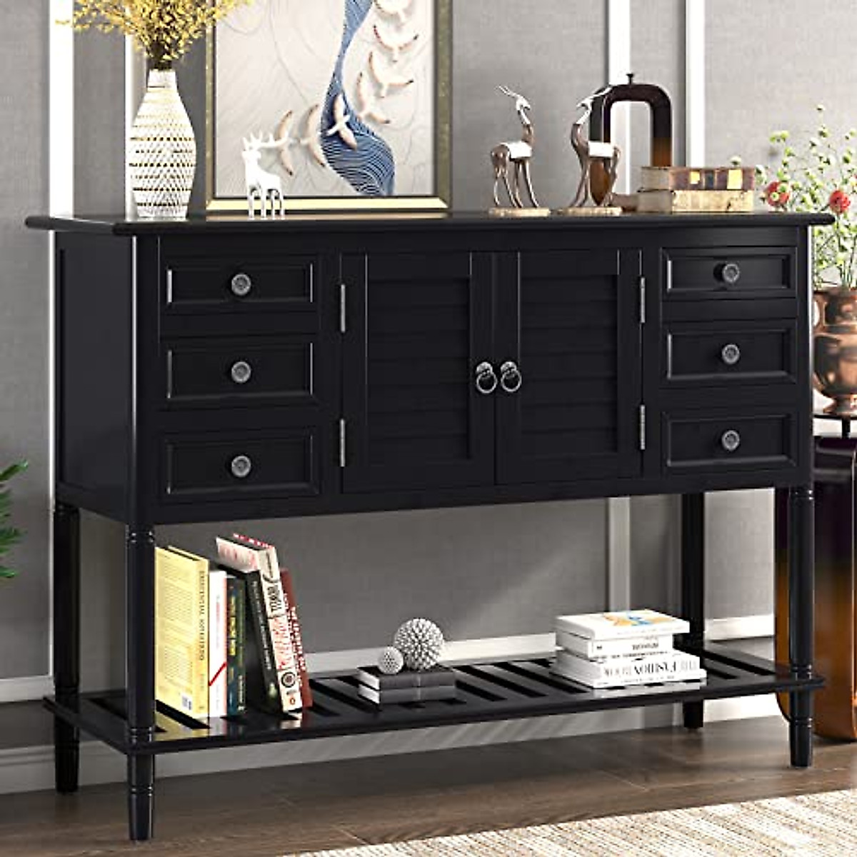 XD Designs Retro Style Sideboard Console Table, Free Standing Kitchen Storage Buffet Server Cabinet, 45 Table Sofa 6 Drawers, 1 Cabinets and Bottom Shelf (Black + MDF), 45.28Wx14.96Dx34.02H