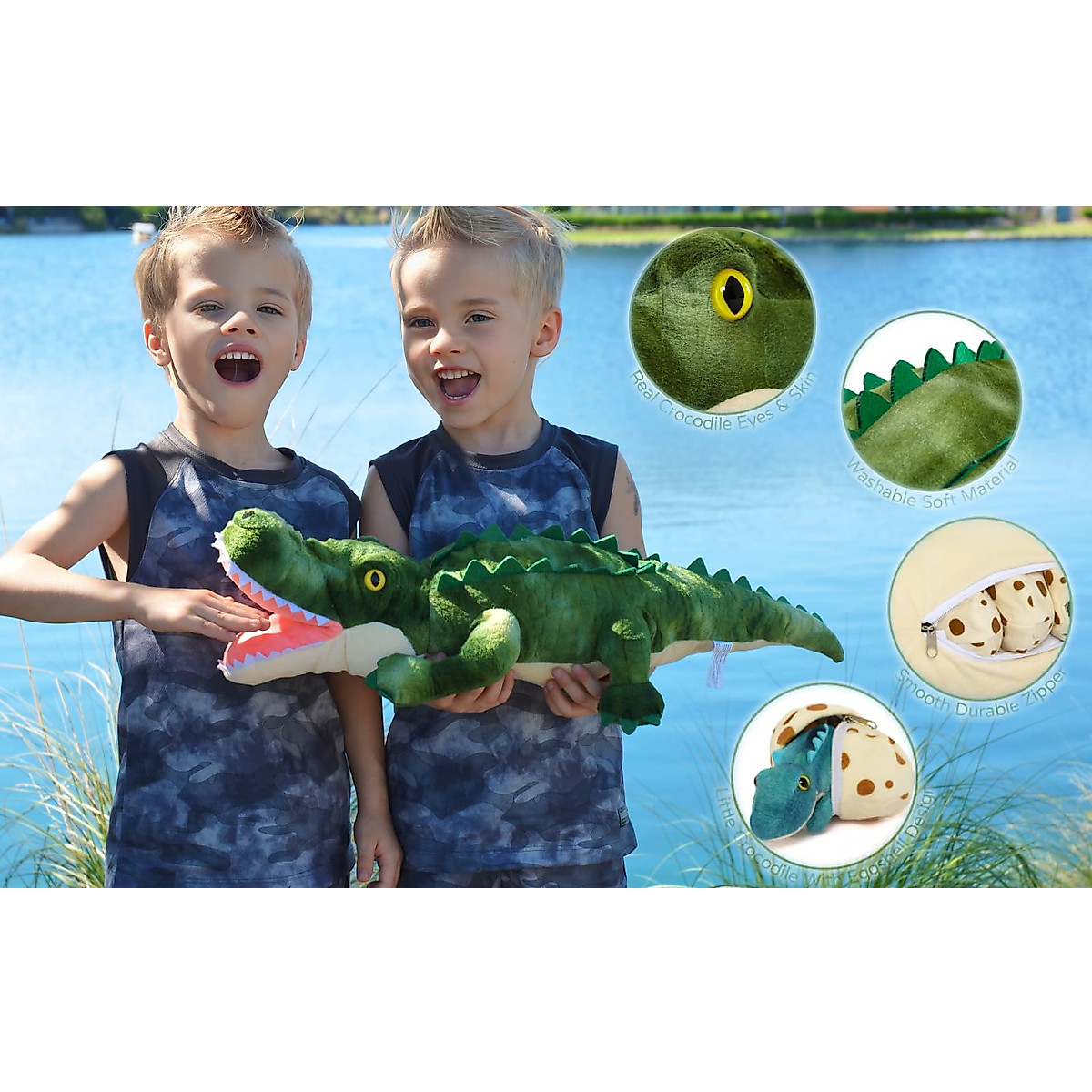 MorisMos Plush Alligator Stuffed Animal with Baby Alligators,23.6'' Mommy Stuffed Alligator with 3 Baby Crocodile Stuffed Animals & 3 Plush Eggs,Lifelike Alligator Toys for Kid Birthday