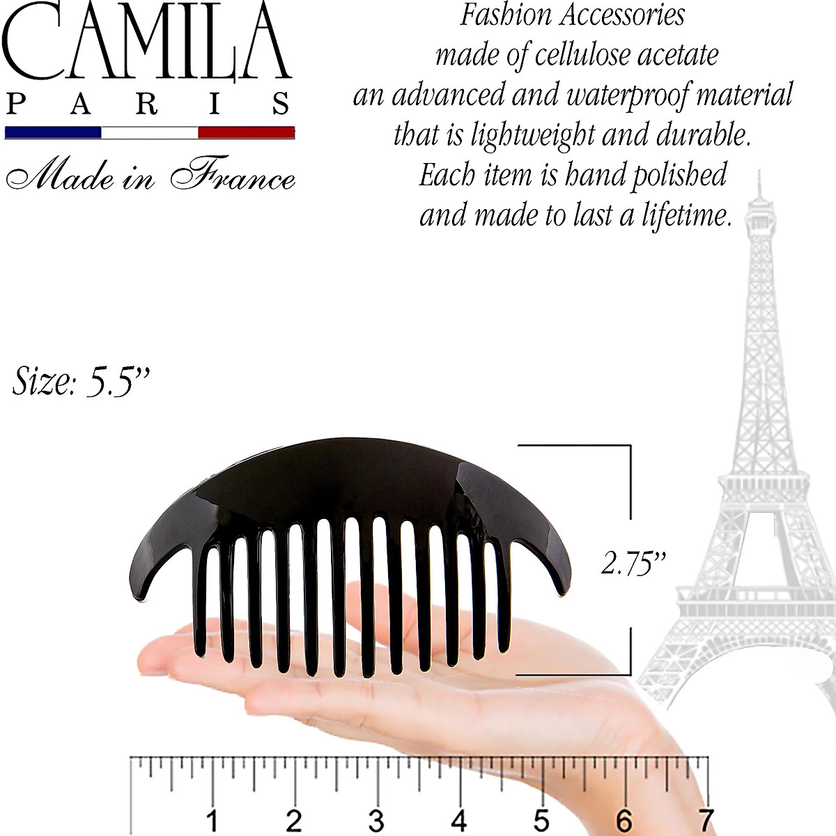 Camila Paris CP2872/2 French Hair Side Combs, Black Interlocking Combs French Twist Hair Combs, Strong Hold Hair Clips for Women Bun Chignon Up-Do, Styling Girls Hair Accessories, Made in France