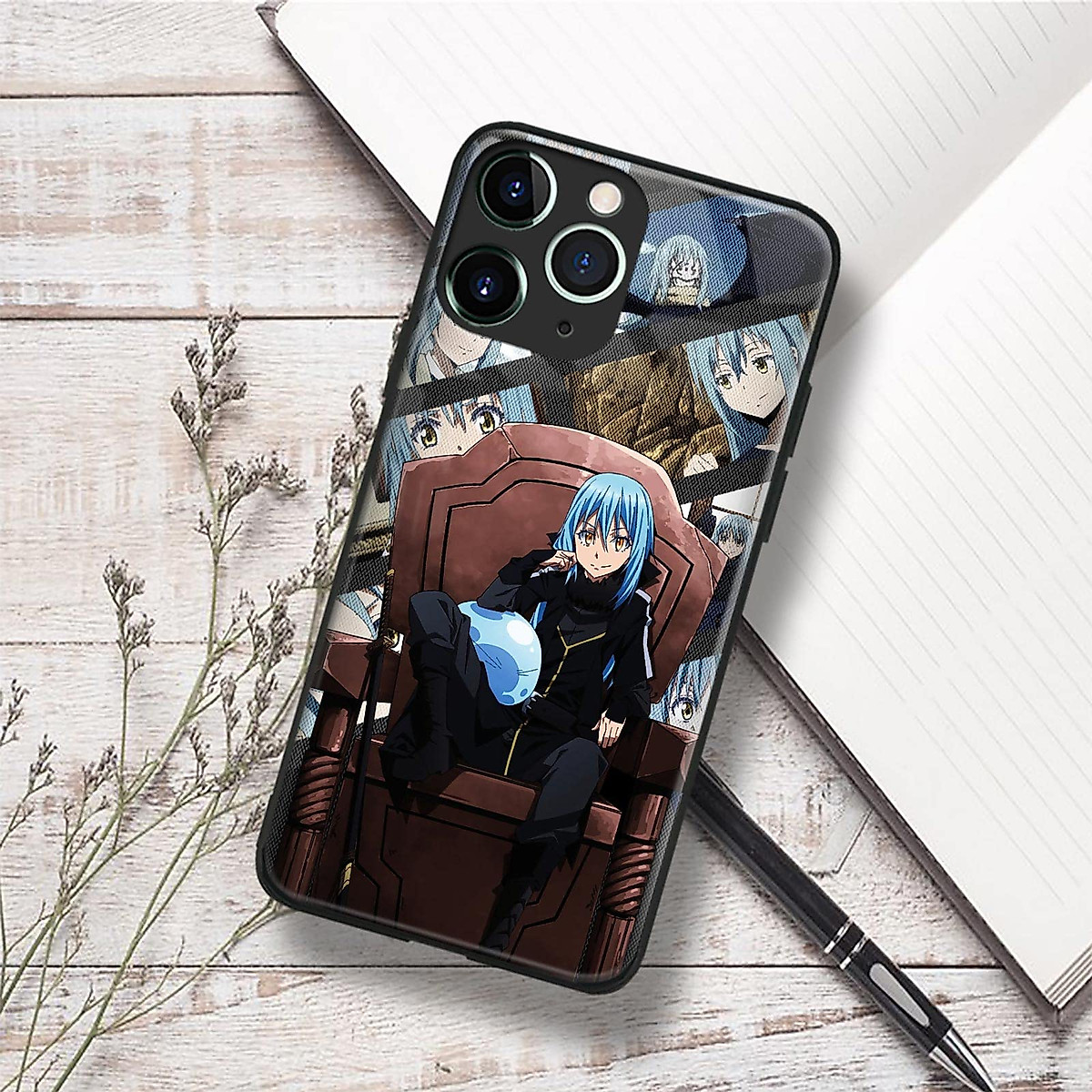 HEMINJYJEF Japanese Anime Anti-Drop Shell Cover Manga Pattern Non-Slip Glossy Glass Cell Phone Protective Case (for iPhone 13,Rimuru Tempest)