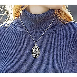 US Jewels Ladies 925 Sterling Silver 32.5mm Virgin Mary Antique Finish Pendant