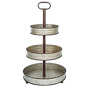 Farmhouse 3-Tiered Round Metal Tray Stand, Decorative Table Decor Serving Tray with Handle for Kitchen, Dining Room, Shelf Coffee Bar Table, Seasonal Display Tiered Tray Decor, Galvanized Gray Finish