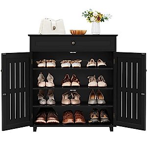 Yaheetech 4 Tier Shoe Storage Cabinet Shoe Rack with Drawer Adjustable Shelf Louvered Door - Multifunctional Storage Cabinet for Bedroom Closet Entryway Dorm Room, Black