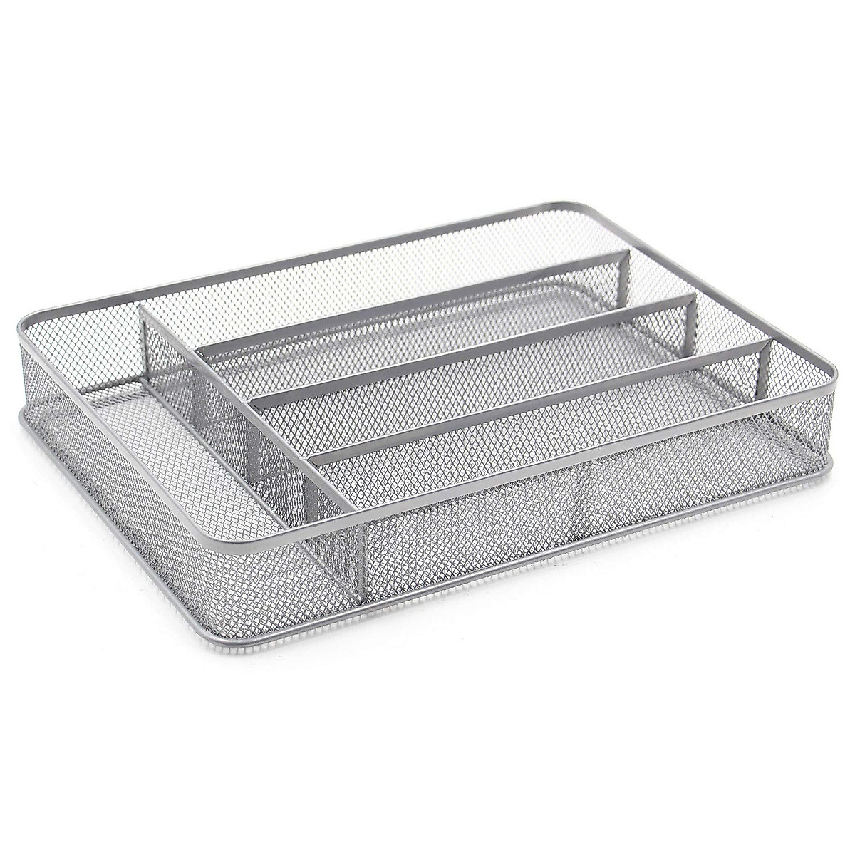 TQVAI Mesh Cutlery Tray 5 Compartments Kitchen Silverware Holder Utensil Flatware Organizer, Silver