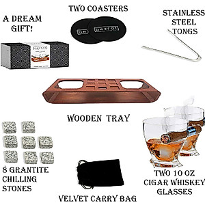 Bezrat Old Fashioned Cigar Whiskey Glasses With Side Mounted Cigar Rest Gift Set + Whisky Chilling Stones and accessories on Wooden Tray - Scotch Bourbon Glasses – Christmas Holiday Gift
